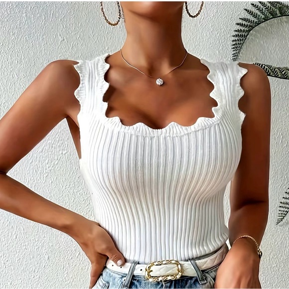 Tops | Elegant White Scalloped Ribbed Tank Top Nwot | Poshmark